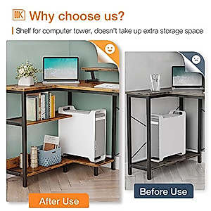 ODK Small L Shaped Desk, 58 inch Corner Desk with Reversible Storage Shelves, Computer Desk with Monitor Shelf and PC Stand for Home Office, Gaming Desk with Headphone Hooks, Rustic Brown