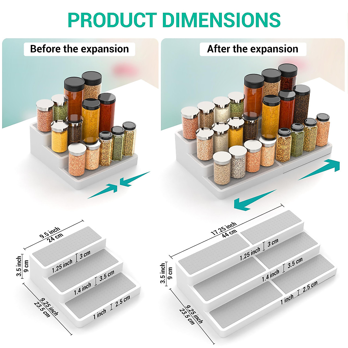 YAN & HIN Pack of 2, 3-Tier Spice Racks, Expandable and Non-Skid, Ideal as Medicine Cabinet Organizer, Kitchen Shelf Pantry Organizer, and Seasoning Organizer, Canned Food Organizer