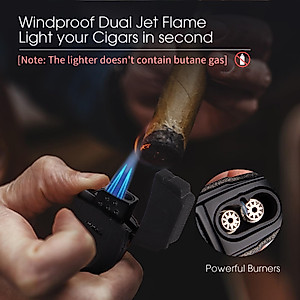 All-in-One Torch Cigar Lighter with Adjustable Jet Dual-Flame, Built-in Cigar Punch/Holder, Honorable Gift for Men, Birthday, Windproof Refillable Butane Cool Lighters for Smoking, Candles
