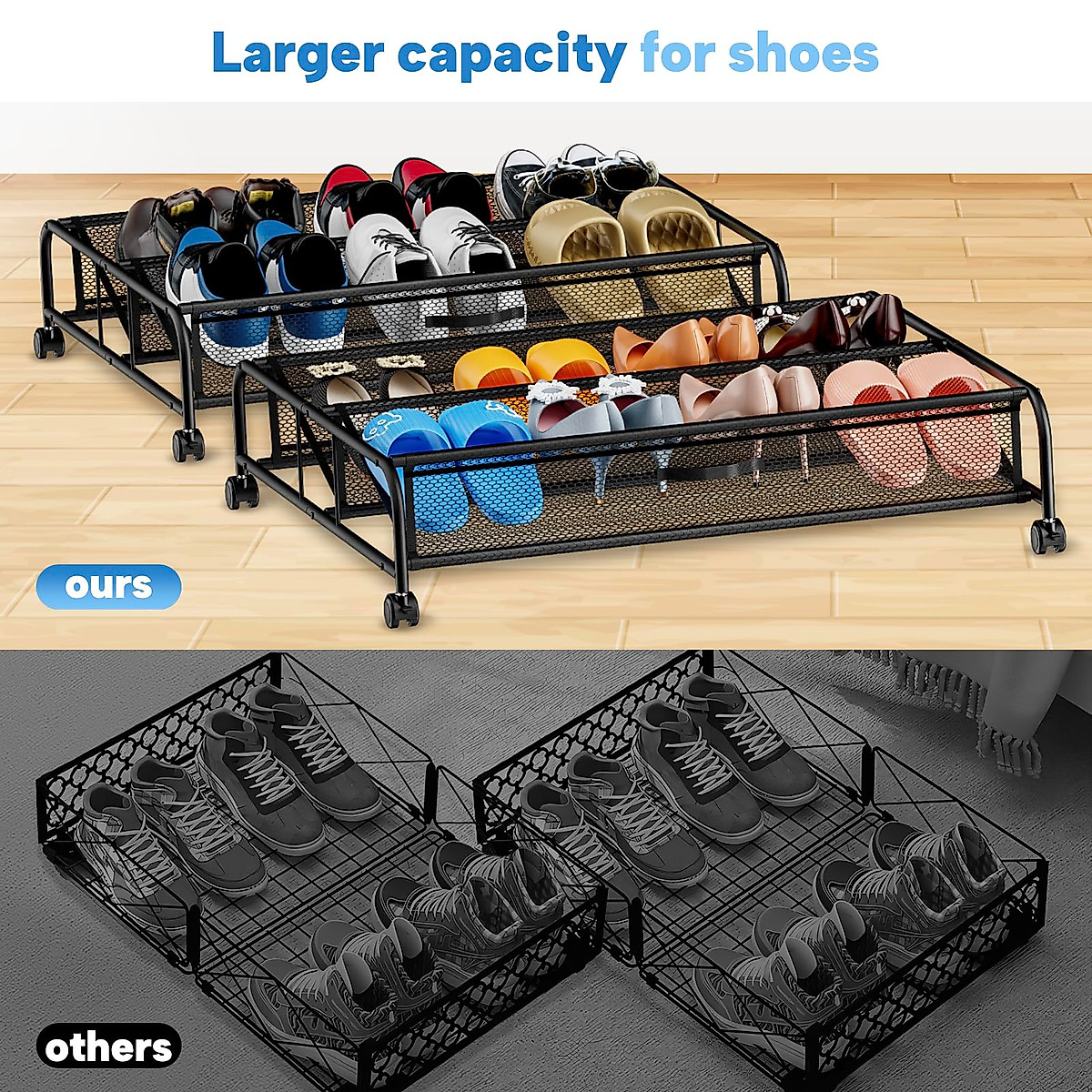 RJ-Global Under Bed Shoe Storage with Wheels, 2 Pack Under Bed Shoe Organizer with Metal & Mesh Cloth, Rolling Under Bed Storage Containers, Shoe Rack Under the Bed for Apartment Space Saving (Large)