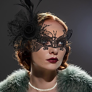 Fascinators Hat for Women Tea Party Hat Headband Set Wedding Flower Mesh Hair Clip with Veil Tea Party Headwear Lace Gloves Pearl Necklace and Earrings for Halloween Party Black