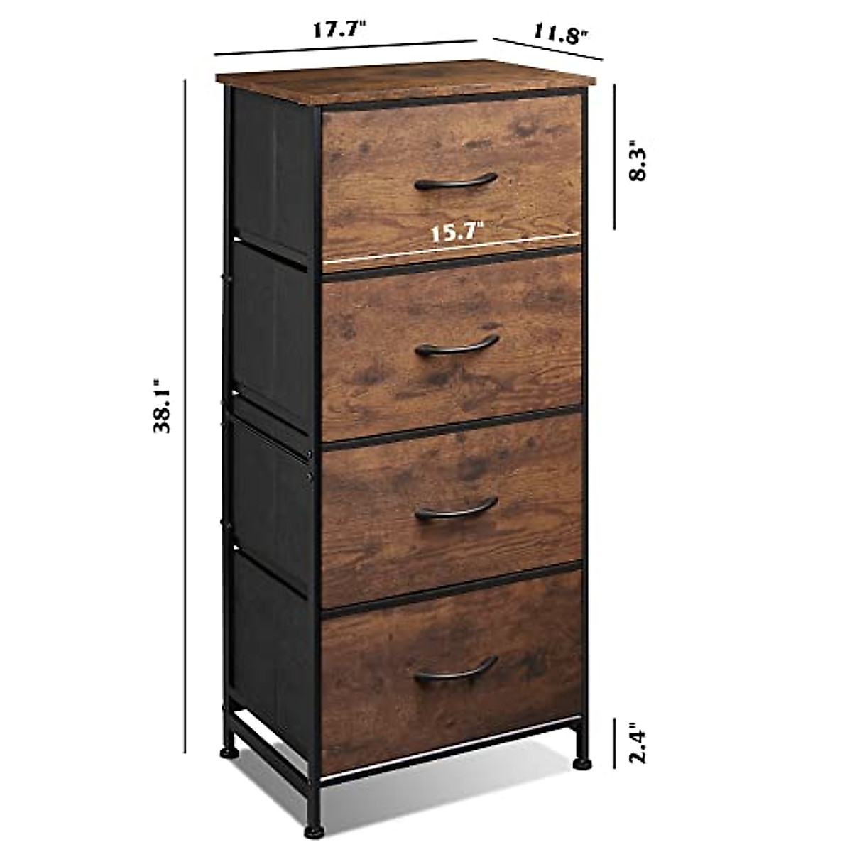 WLIVE Dresser with 4 Drawers, Fabric Storage Tower, Organizer Unit for Bedroom, Hallway, Entryway, Closets, Sturdy Steel Frame, Wood Top, Easy Pull Handle, Rustic Brown Wood Grain Print