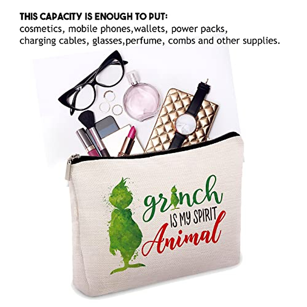 OUZ Grinch Is My Spirit Animal - Green Monster Makeup Bag, Fans Gifts, Gifts For Women Girl Cosmetic Bag(8M004)