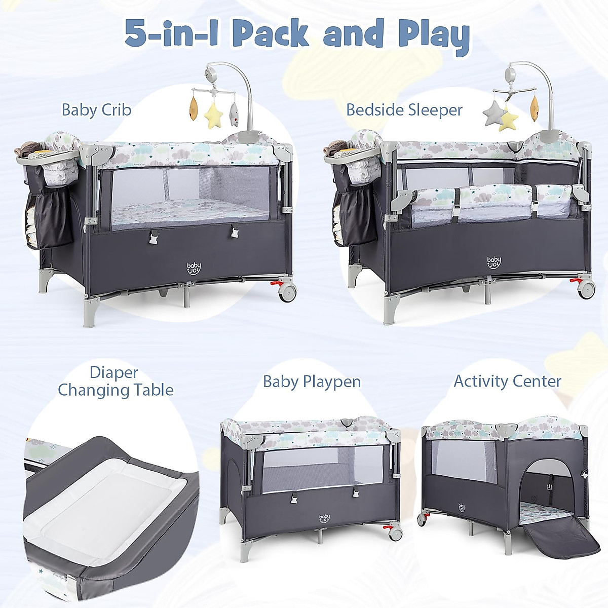 BABY JOY 5-in-1 Pack and Play, Portable Baby Bedside Sleeper with Bassinet, U-Shaped Diaper Changer, Safety Strap, Side Zipper Entrance, Hangings, Bedside Crib Playard from Newborn to Toddlers (Gray)