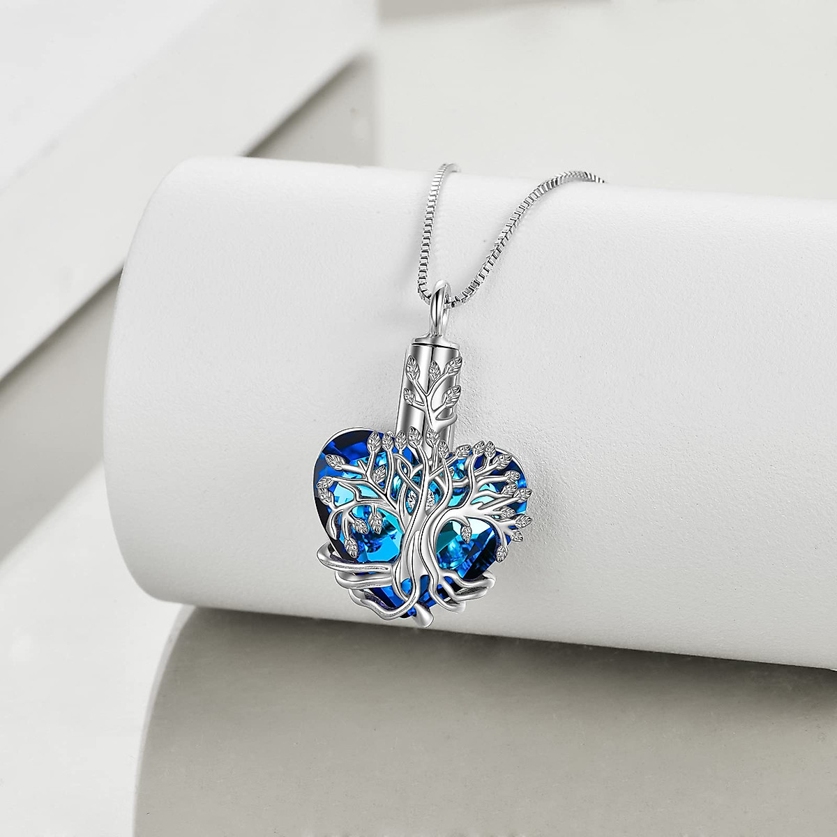 YFN Urn Necklace for Ashes for Women Tree of Life Heart Cremation Jewelry Sterling Silver with Blue Crystal with Funnel Filler Urn Jewelry Gifts for Women