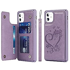 Cavor for iPhone 11 Phone Case with Card Holder,Wallet Case with Credit Card Holders for Women Men[Card Slots] [with Strap] PU Leather Shockproof Cover for iPhone 11-Heart Purple