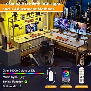 Furologee White L Shaped Gaming Desk with LED Strips and Power Outlets, 64" Reversible L Computer Office Desk with Pegboard and Fabric File Drawer, Coner Desk with Monitor Stand and Hutch