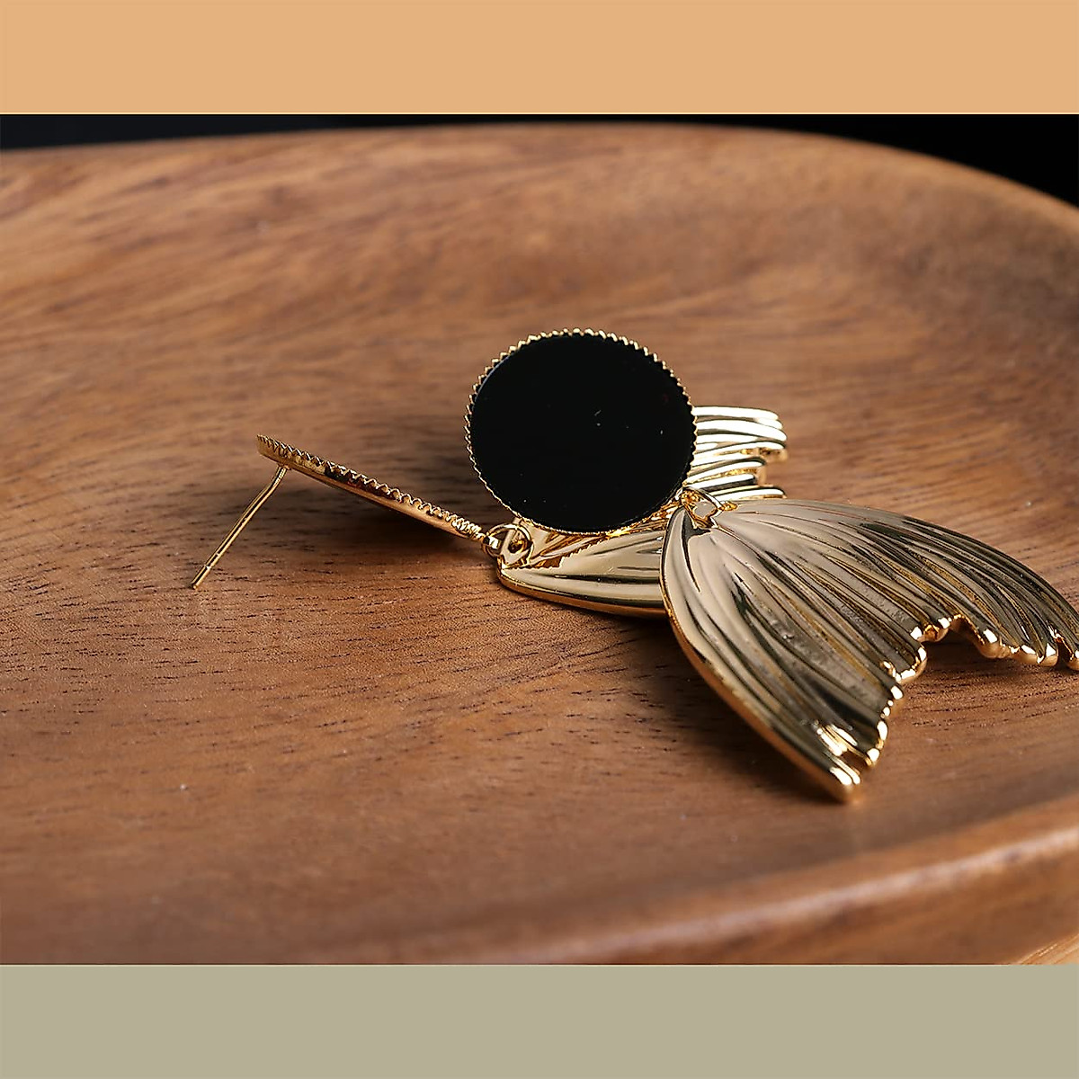 Sonateomber Gold Mermaid Fishtail Drop Dangle Statement Earrings For Women Big Black Dome Fish Tail Ginkgo Leaf Dangly Summer Ocean Beach Prom Jewelry Gift