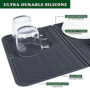 Silicone Dish Drying Mat for Multiple Usage,Easy clean,Food Grade Silicone,Oversized,Heat-resistant Foldable Silicone Mat Rack for Kitchen Counter,Refrigerator or Drawer liner