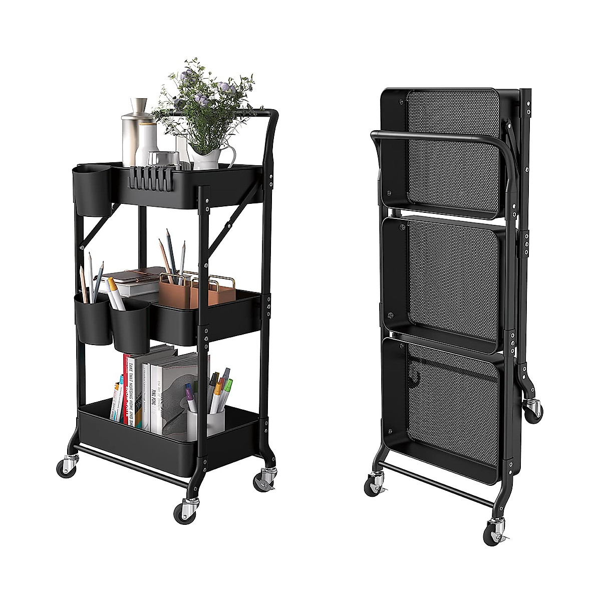 DTK 3 Tier Foldable Metal Rolling Cart, Metal Trays Utility Cart with Handle and Wheels, 3 Hanging Cups and 6 Hooks Storage Organizer Cart, Collapsible Kitchen Cart for Bathroom Office Kitchen(Black)