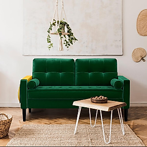 FURNIMAT 58 Inch Green Loveseat Sofa, 2 Seater Sofa for Small Space, Button Tufted Velvet Couch with 2 Pillows, Mid Century Modern Couch, Small Couches for Living Room, Bedroom, Apartment