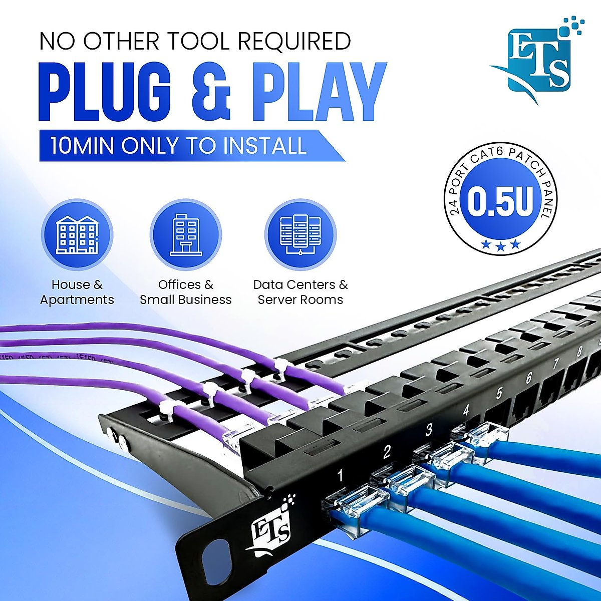 ETS 24 Port Patch Panel CAT6 0.5U Inline Pass Through Keystone Coupler UTP High Density