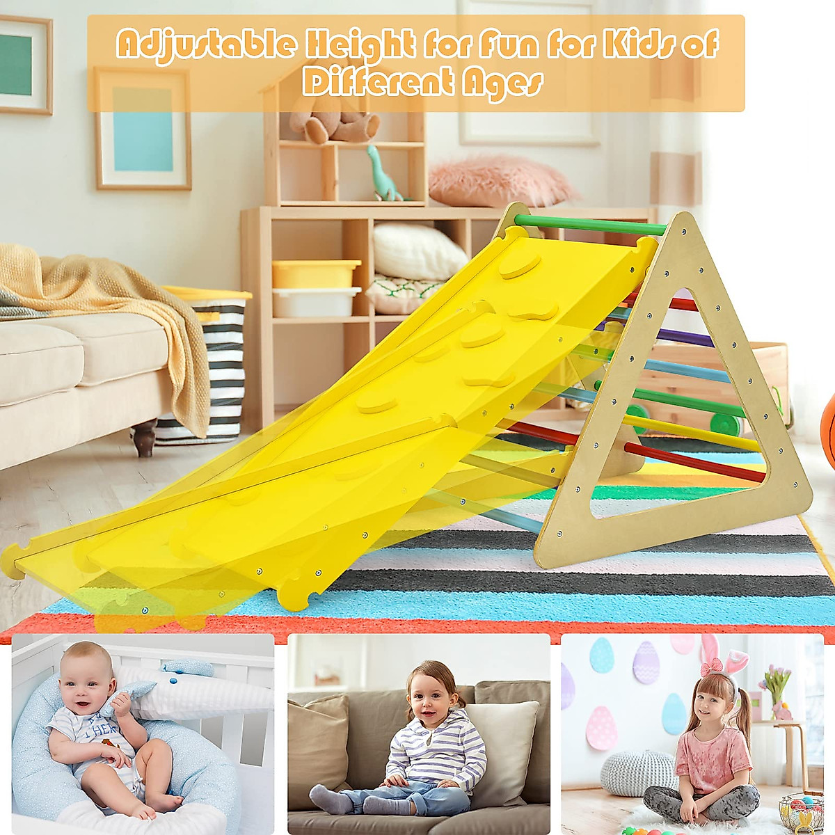 HONEY JOY 4 in 1 Triangle Climber with Ramp, Indoor Toddler Climbing Triangle Set with Ladder & Slide, 3-Piece Wooden Kids Climbing Toys for Playground, Gym & Daycare, Gift for Boys Girls