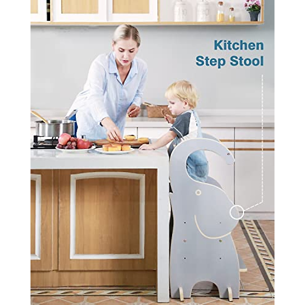 PP OPOUNT Toddler Kitchen Stool, 3-Level Adjustable Toddler Tower, Wood Step Stools for Kids with Safety Protective Net and Non-Slip Mat, Elephant Style, Solid Wood Gray
