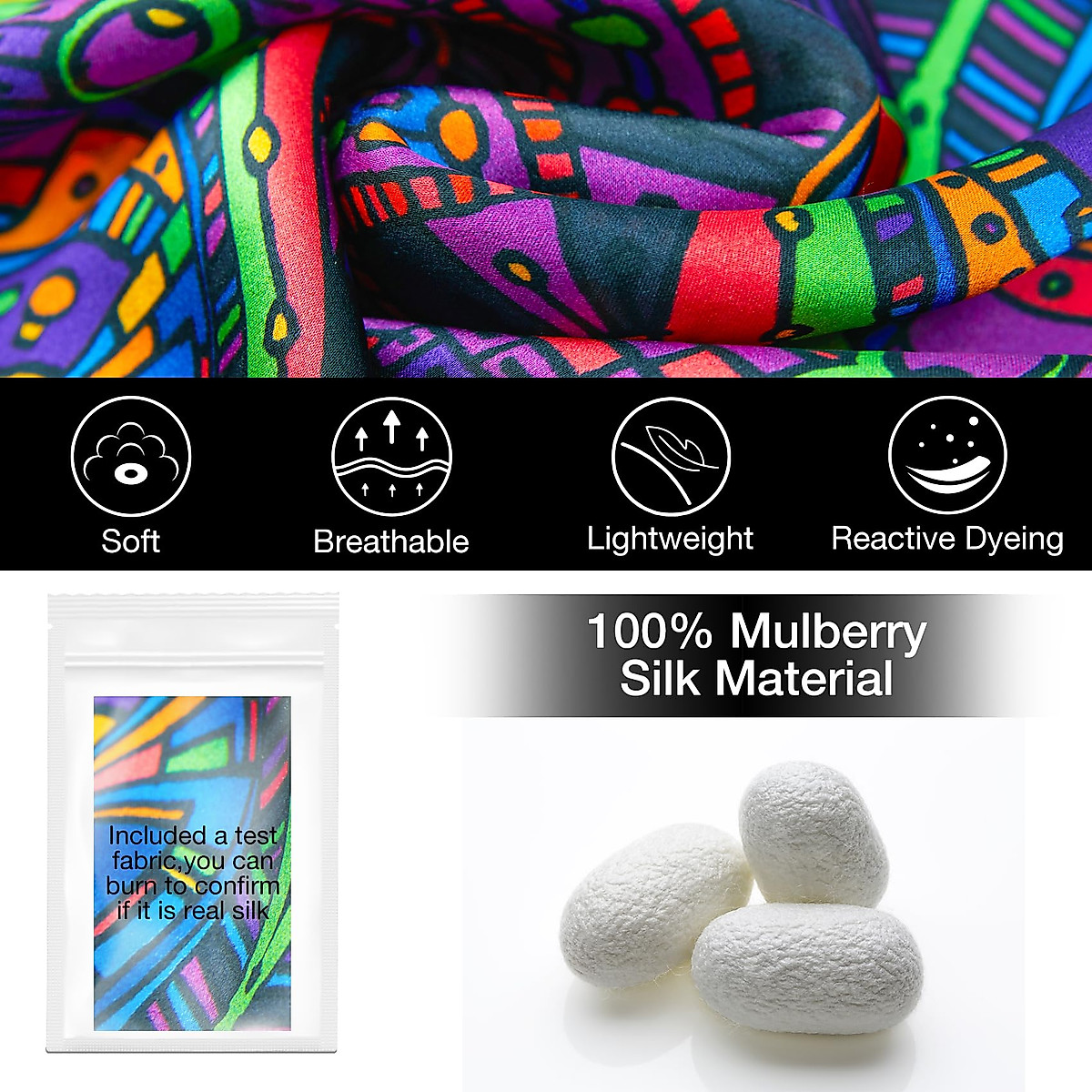 MANSPHIL 100% Mulberry Silk Head Scarf for Women Hair Sleeping, 27"x27" Square Purple Pattern Fashion Bandanas Wraps Bag Gift Packed