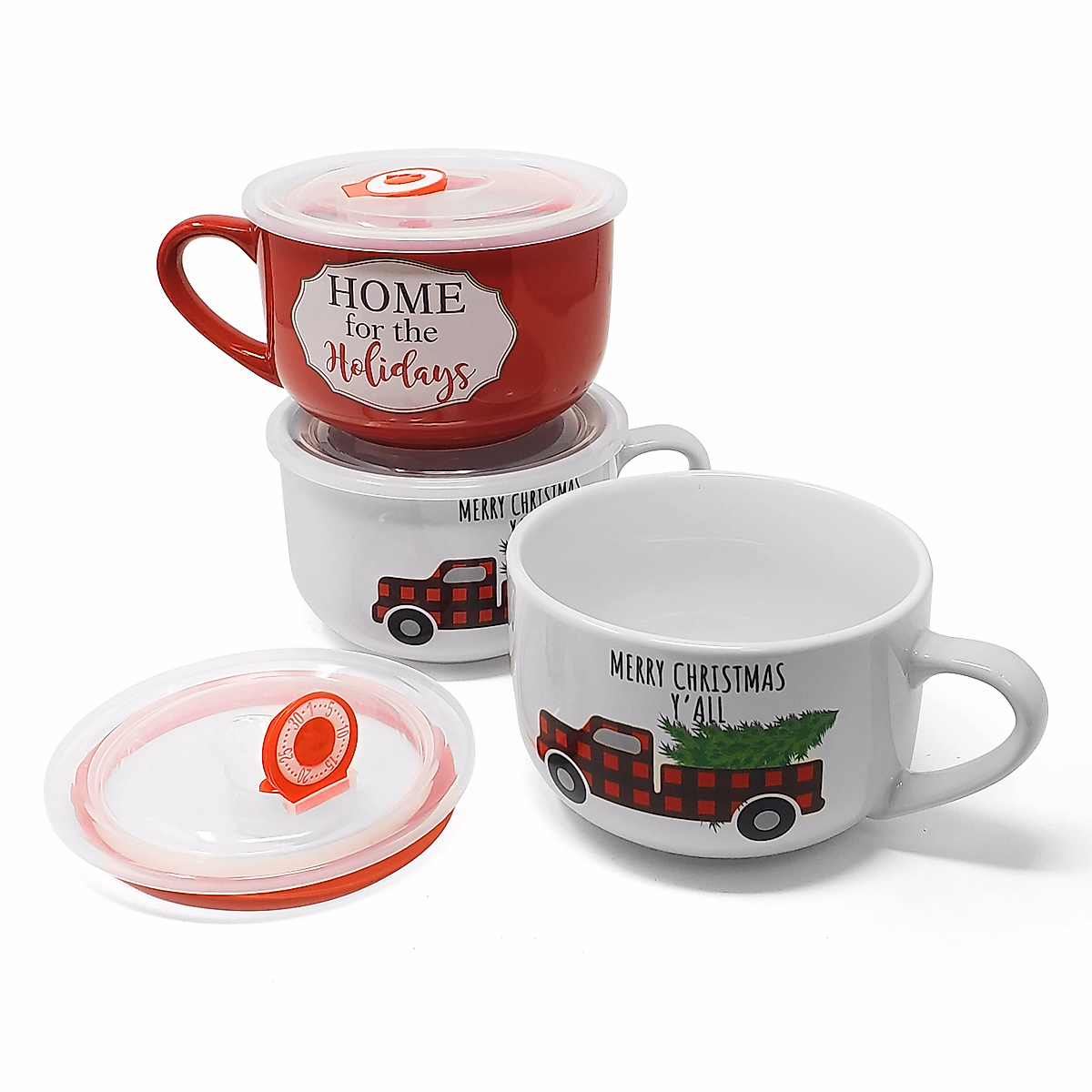 Kovot 24oz Ceramic Christmas Themed Bowl Set with Lid & Handle – Use for Ramen, Soup, Cereal, & as a Coffee Mug – Take Your Food To Go with Airtight Silicone Lid and Steam Vent (4-Pack – Red & White)