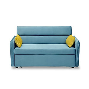 FANYE Velvet Upholstered Loveseat Sleeper w/Side Storage Pockets, 54'' 2-Seaters Sofa with Pull-Out Couch Bed with 2 Pillows & Adjustable Backrest for Living Room Apartment Office Compact Space, Teal
