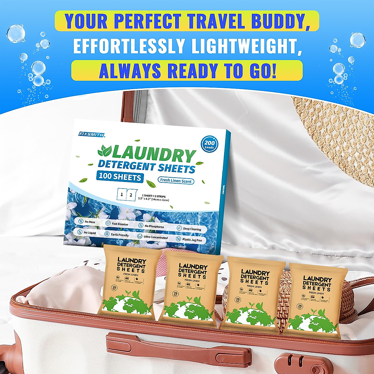 FIXSMITH Laundry Detergent Sheets - 200 Loads (100 Sheets) Fresh Linen Scent - Hypoallergenic,Eco Friendly Laundry Detergent Strips Ultra-Concentrated Travel Detergent Sheets.Plastic-Free,Liquidless