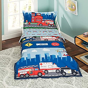 EVERYDAY KIDS 4 Piece Toddler Bedding Set -Fire and Police Rescue- Includes Comforter, Flat Sheet, Fitted Sheet and Reversible Pillowcase