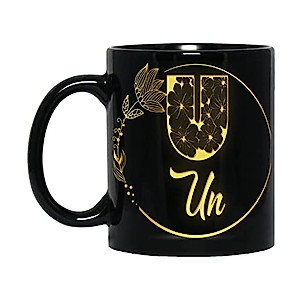 Millicent Baro Coffee Mug Personalized Un Name & Initial Letter Monogram Floral Alphabet Mug Golden Flowers Custom Black Coffee Cup, Gift for Her Mom Coworker Sister, Wife, Girl 11oz Black Mug 699290