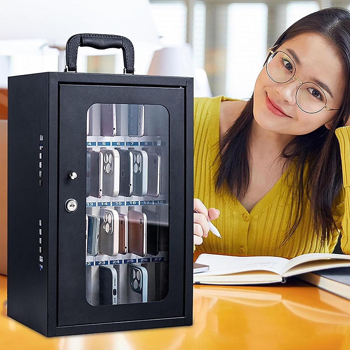 DJFOG Phone Storage Cabinet School Mobile Phone Safe Deposit Box Metal Durable Mobile Phone Storage Box Mobile Phone Storage Cabinet with Lock,Black,36bits