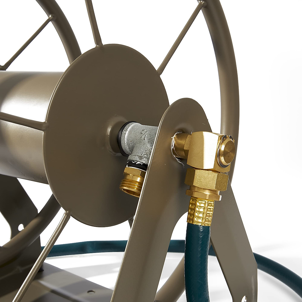 Liberty Garden Multi Purpose Steel Garden Hose Storage Reel for Backyard, Garden, or Home, with 5 Foot Leader Hose and Hose Connections, Bronze