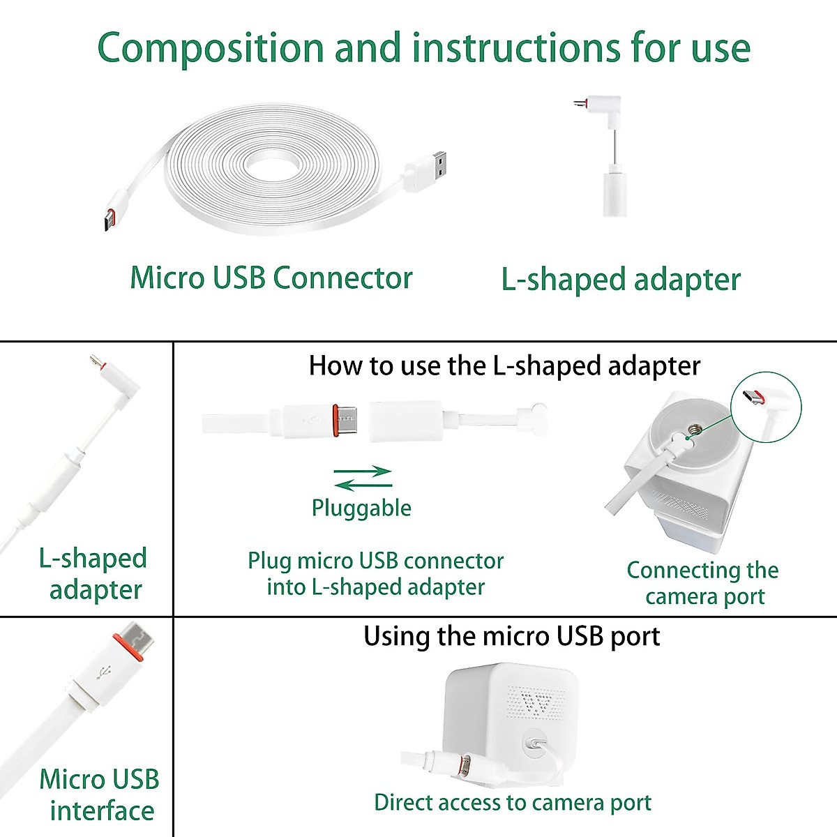AYIIFEI 26FT Power Extension Cable and Adapter for Wyze Cam v4,Wyze Cam Pan v3,Wyze OG, Wyze Cam v3 and v3 Pro Outdoor,Waterproof Flat Micro USB Charging Cord Charger for Security Camera 2 Pack