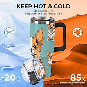 LPSADGF Corgi Cute Dog Insulated Stainless Steel Travel Mug, 40 Oz Tumbler with Handle And Straw Double-Wall Vacuum Coffee Cup, Leak-Proof Lid, Keeps Drinks Hot/Cold for Hours