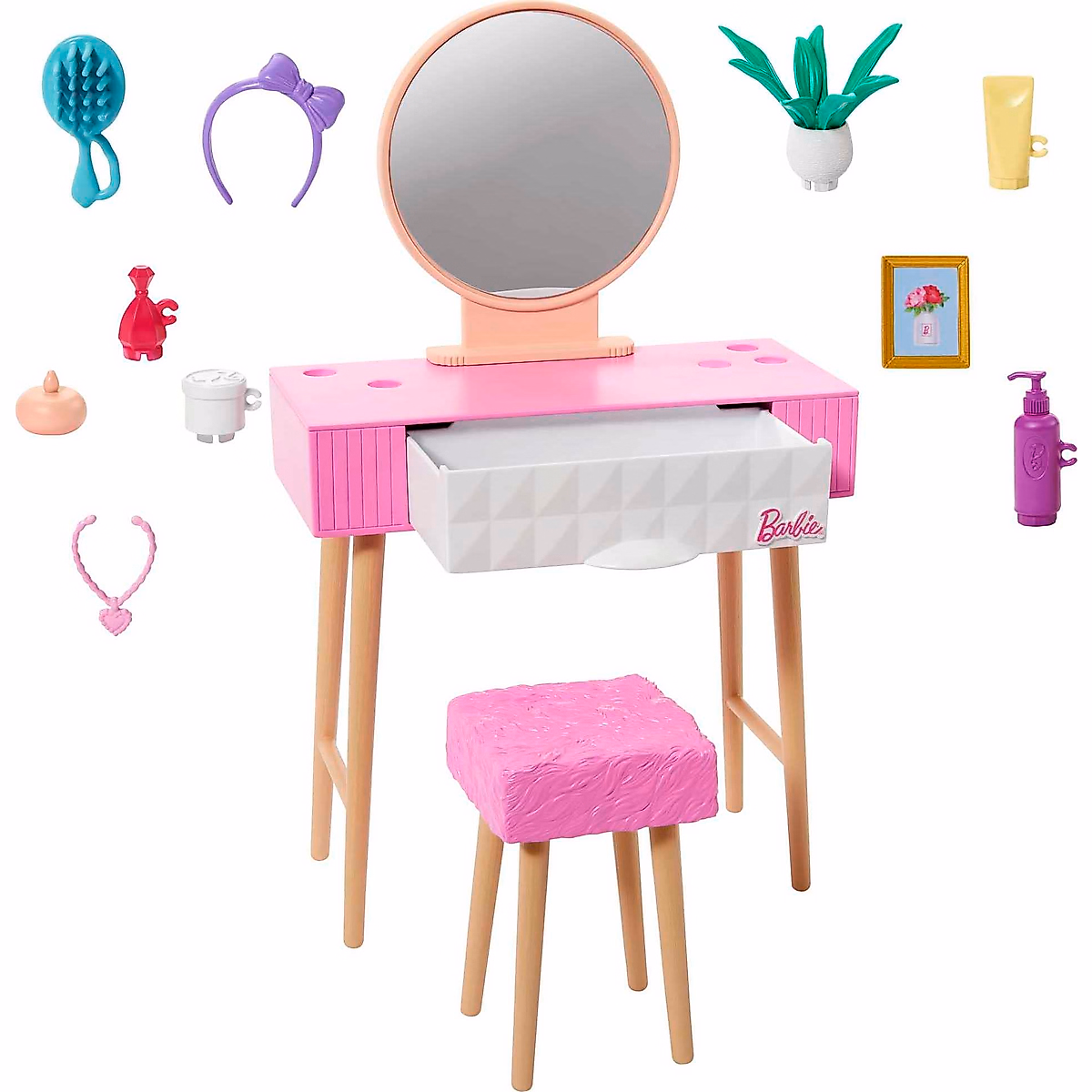 Barbie Furniture & Accessories Set, Doll House Décor, 10+ Pieces for Vanity Including Stand with Mirror, Stool, Beauty Products & More