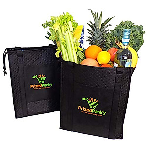 Prized Pantry 2 Pack Insulated Reusable Grocery Bags, X-Large Heavy Duty Cooler Tote Bags, Premium Insulation, Bottom Support, Wrap-Around Handles, Front Pocket, Zipper, No Leak, Keeps Food Hot/Cold