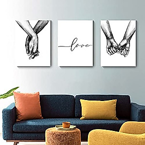 Love and Hand in Hand Wall Art Canvas Print Poster,Simple Fashion Black and White Sketch Art Line Drawing Decor for Home Living Room Bedroom Office,Stretched and Framed Ready to Hang(Set of 3 Framed, 12x16 inches)