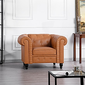 Emery Chesterfield 3 Piece Living Room Sectional Sofa Set with Rolled Arms, Tufted Cushion Sofas for Living Room Set Includes Sofa, Loveseat Couch, Accent Arm Chair / Easy Tool-Free Assembly – Caramel