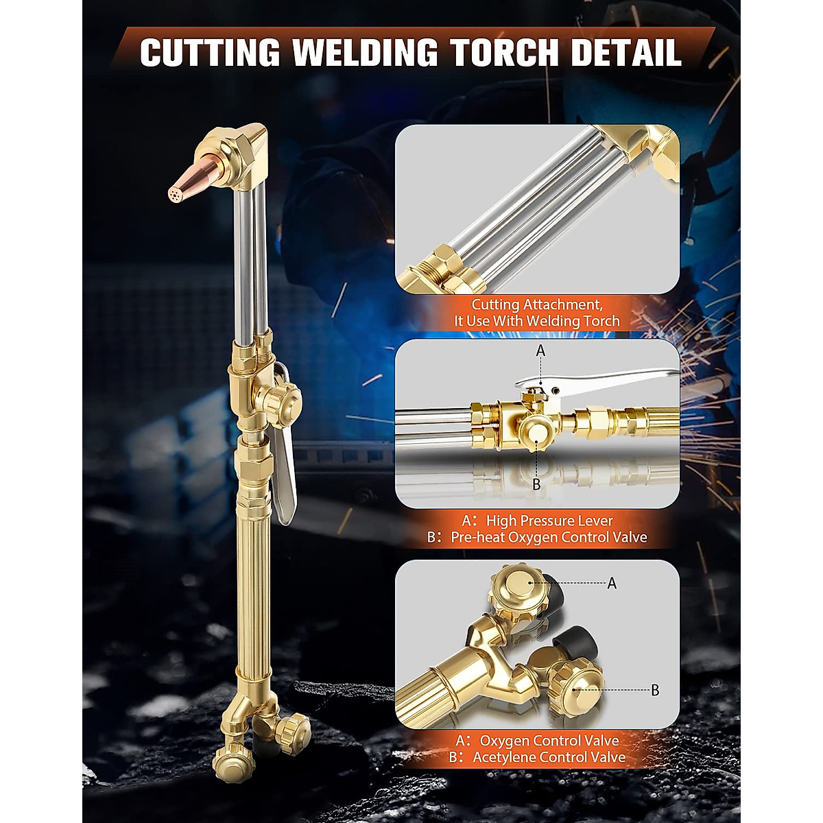 Gas Welding Cutting Kit Oxygen Acetylene Torch Portable Tool Set Oxy Brazing Welder Kit Professional Precision Instrument with Two Hose, Tips, Goggles, Blue Carrying Case