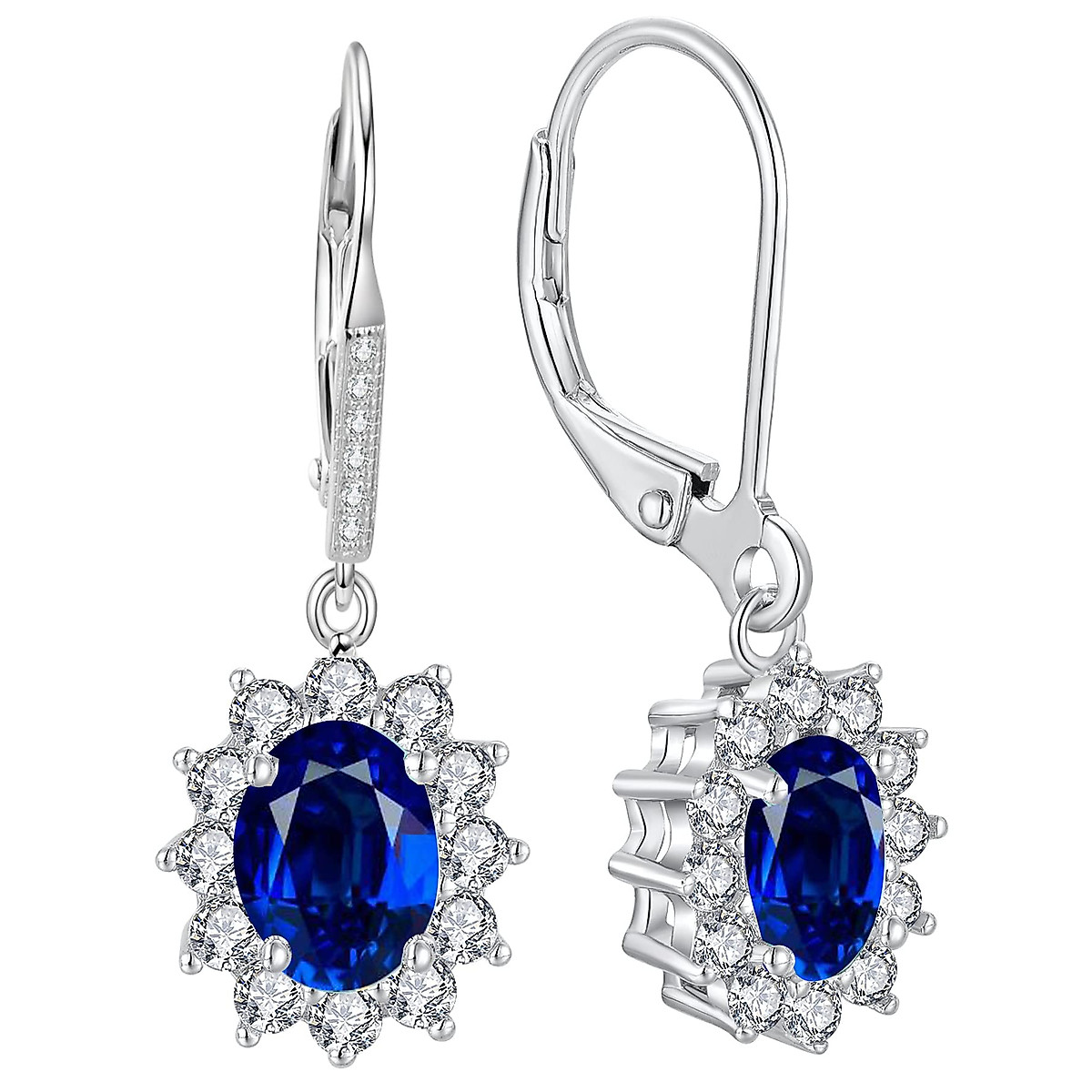 YFN Sterling Silver Created Oval Cut Birthstone Drop Dangle Women Leverback Earrings (September-Sapphire Earrings)