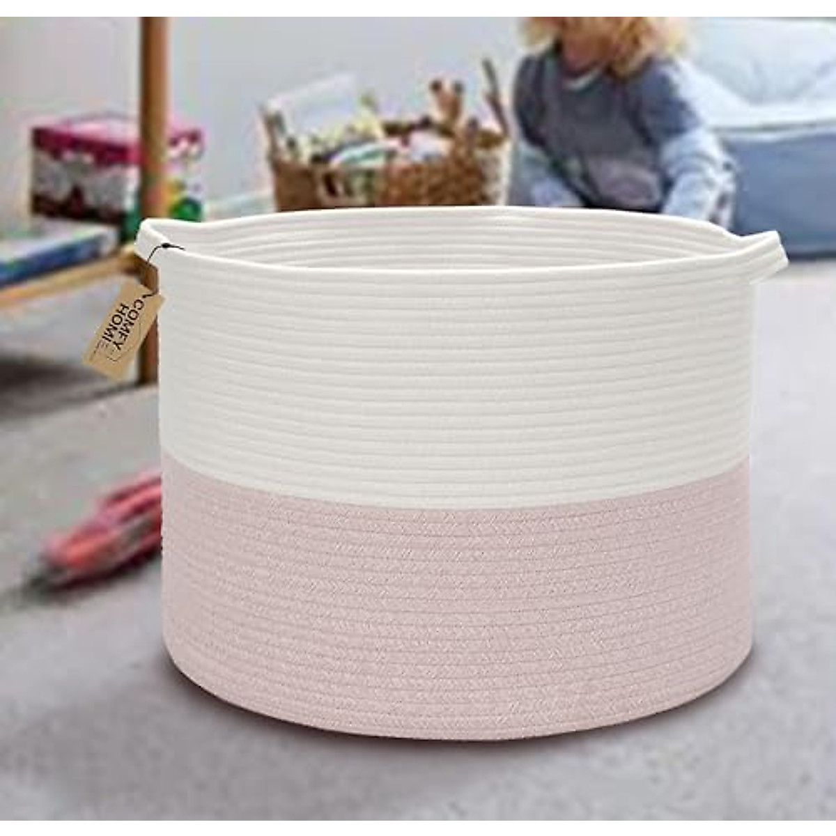 COMFY-HOMI New Extra Large Blanket Storage Basket 21''x21''x13.6''|Toy Organizers and Storage|Cotton Rope Woven Round Basket for Blanket|Baby Basket for Newborn-White/Pink