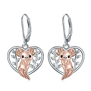 VONALA Axolotl Earrings 925 Sterling Silver Salamander Heart Dangle Dangling Drop Charm Leverback Earrings Animal Mexican Jewelry Gifts for Women