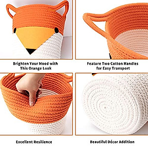 Annecy Cotton Rope Storage Basket Set of 2, Fox Woven Storage Basket, Toy Basket Organizer for Cats, Dogs, Cute Animal Laundry Basket for Nursery, Orange Baby Gift Basket