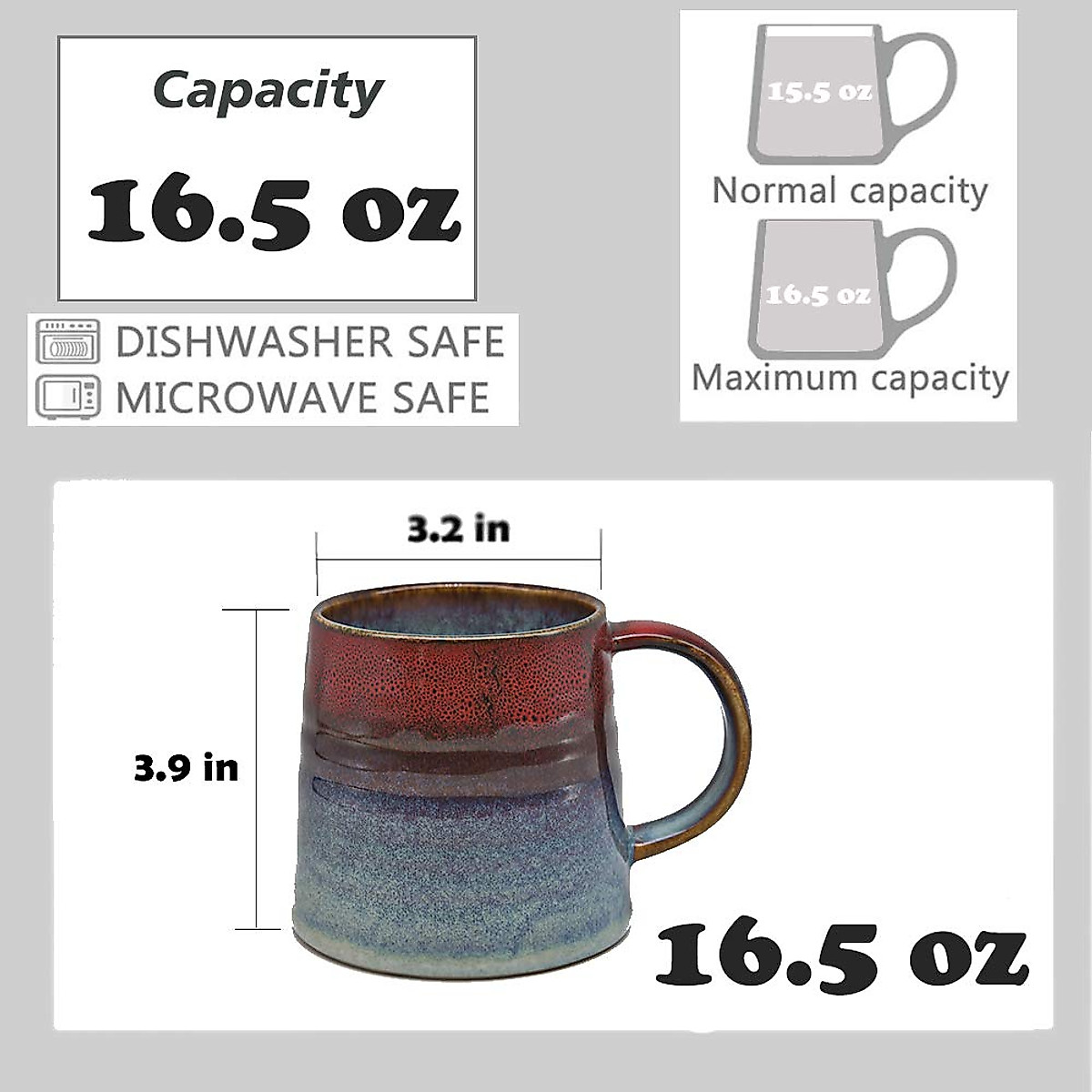 wewlink Large Ceramic Coffee Mug, Pottery Mug,Tea Cup for Office and Home,Handmade Pottery Coffee Mugs,16.5 Oz,Dishwasher and Microwave Safe,kiln altered glaze craft (Red)