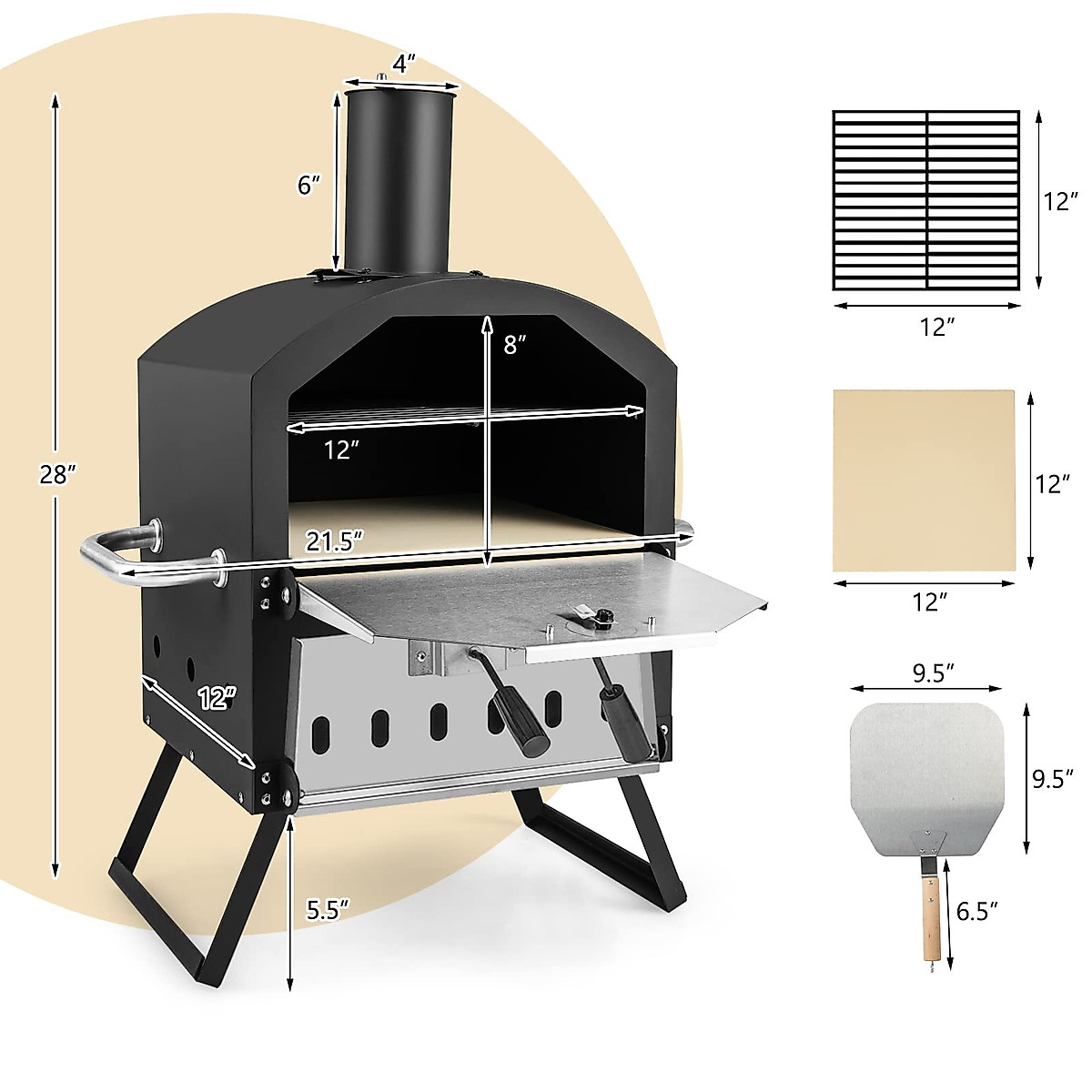 PETSITE Pizza Oven Outdoor, Wood Pellet Fired Pizza Oven with 12 Inches Pizza Stone & Waterproof Cover, 2-Tier Design Portable Stainless Steel Grill Pizza Maker for Outside Backyard Party