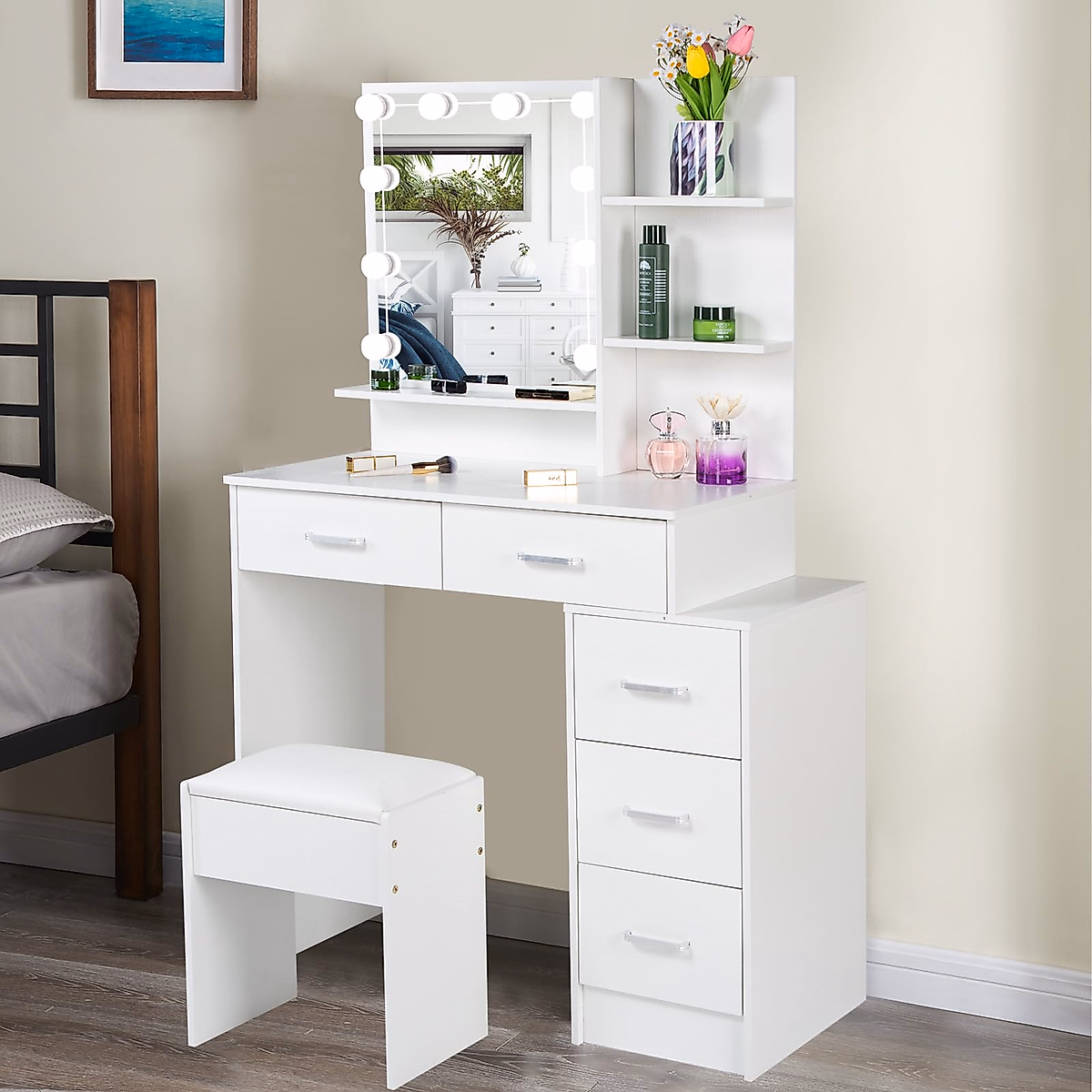 JBLCC Makeup Vanity with Lighted Mirror,Large Vanity Desk with Storage Shelves & 5 Drawers,Cushioned Stool,Makeup Vanity Table with Lights for Bedroom (3080)