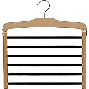 Wooden 6 Tier Pant Hanger w/ Black Velvet Non-Slip Bars, Box of 1 Wood Bottom Hanger w/ Natural Finish and Chrome Swivel Hook for Jeans Slacks or Trouser by The Great American Hanger Company