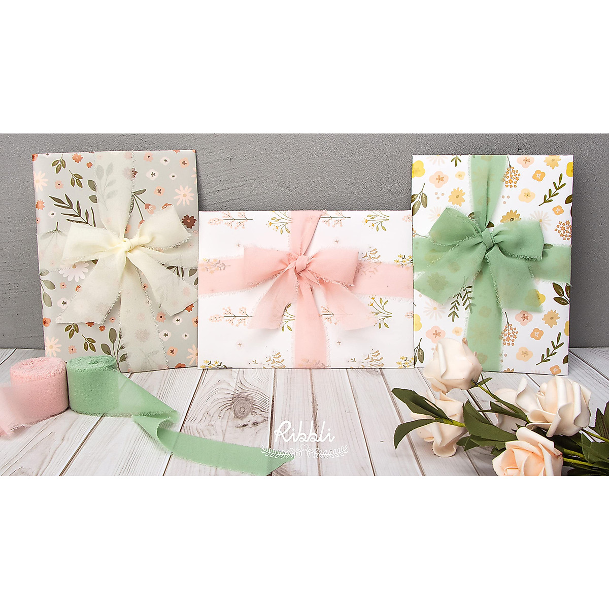 Ribbli Chiffon Ribbon 1.5 inch x 30 Yard Handmade Silk Ribbon, Ivory/Blush Pink/Sage Green Fringe Chiffon Ribbon for Wedding Invitations, Bridal Bouquets Wrapping, Flower Arrangement Decoration