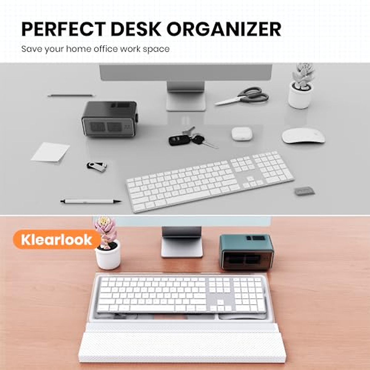 3 in 1 Keyboard Stand w/Wrist Rest and Storage Tray - Klearlook [Ultra Comfortable] PU Leather Wrist Pad & Acrylic Keyboard Riser, 16.9x7.3 inch Tilt Adjustable Computer Keyboard Stand Holder-White