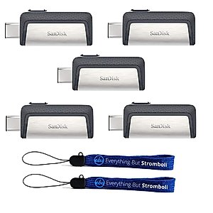 SanDisk Ultra 16GB Dual Drive USB Type-C (Five Pack) Works with Smartphones, Tablets, and Computers (SDDDC2-016G-G46) Bundle with (2) Everything But Stromboli Lanyard