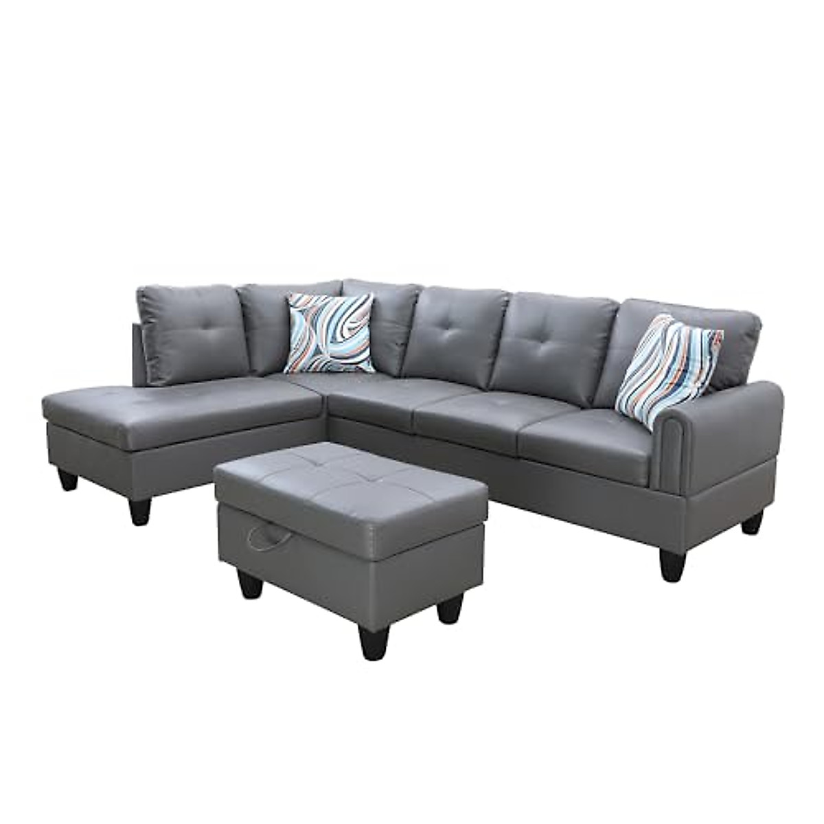 NOTOP 3-Piece Faux Leather L-Shaped Sectional Sofas, Button Tufted Upholstered Couch Set with Left Chaise Longue and Storage Ottoman, for Living Room, Home, Office, Dark Grey