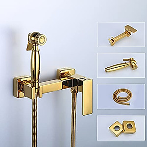 MINJING Bidet Sprayer Kit for Toilet Gold Hot and Cold Wall Mounted Bidet Attachment Faucet Sprayer Kit for Toilet Single Handle Multifunction Bathroom Toilet Bidet Mixer Spray Kit,A