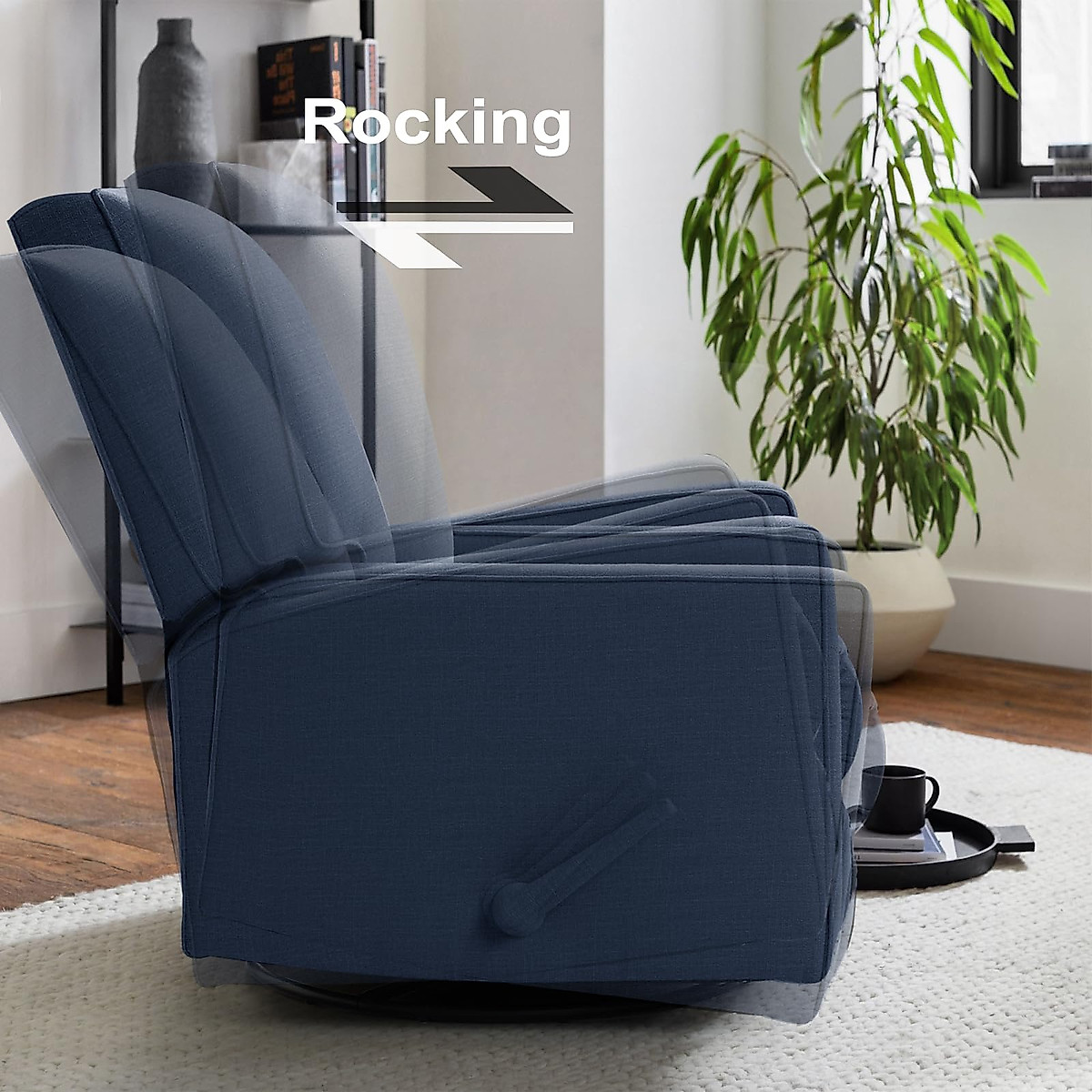 Harkawon Swivel Rocker Recliner Chair, Glider Rocker Recliner, Rocking Chair Nursery, Fabric Chair with High Back, Deep Seat, for Living Room, Bedroom, Blue