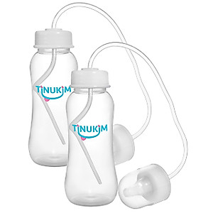 Tinukim iFeed 9 Ounce Self Feeding Baby Bottle with Tube - Handless Anti-Colic Nursing System, White - 2-Pack