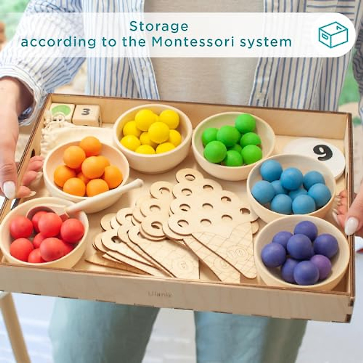 Ulanik Sweet Counting Large Toddler Montessori Toys for 3 Year Old + Kids Wooden Matching Game for Learning Color Sorting and Counting — 60 Balls, 0.98 in