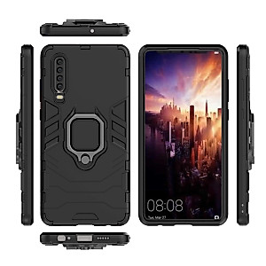 Phone Case for Huawei P30 with Tempered Glass Screen Protector Cover and Magnetic Ring Holder Stand Kickstand Slim Hard Cell Accessories Huwai Hawaii Hwauei Haweii P 30 Boys Women Girls Cases Black
